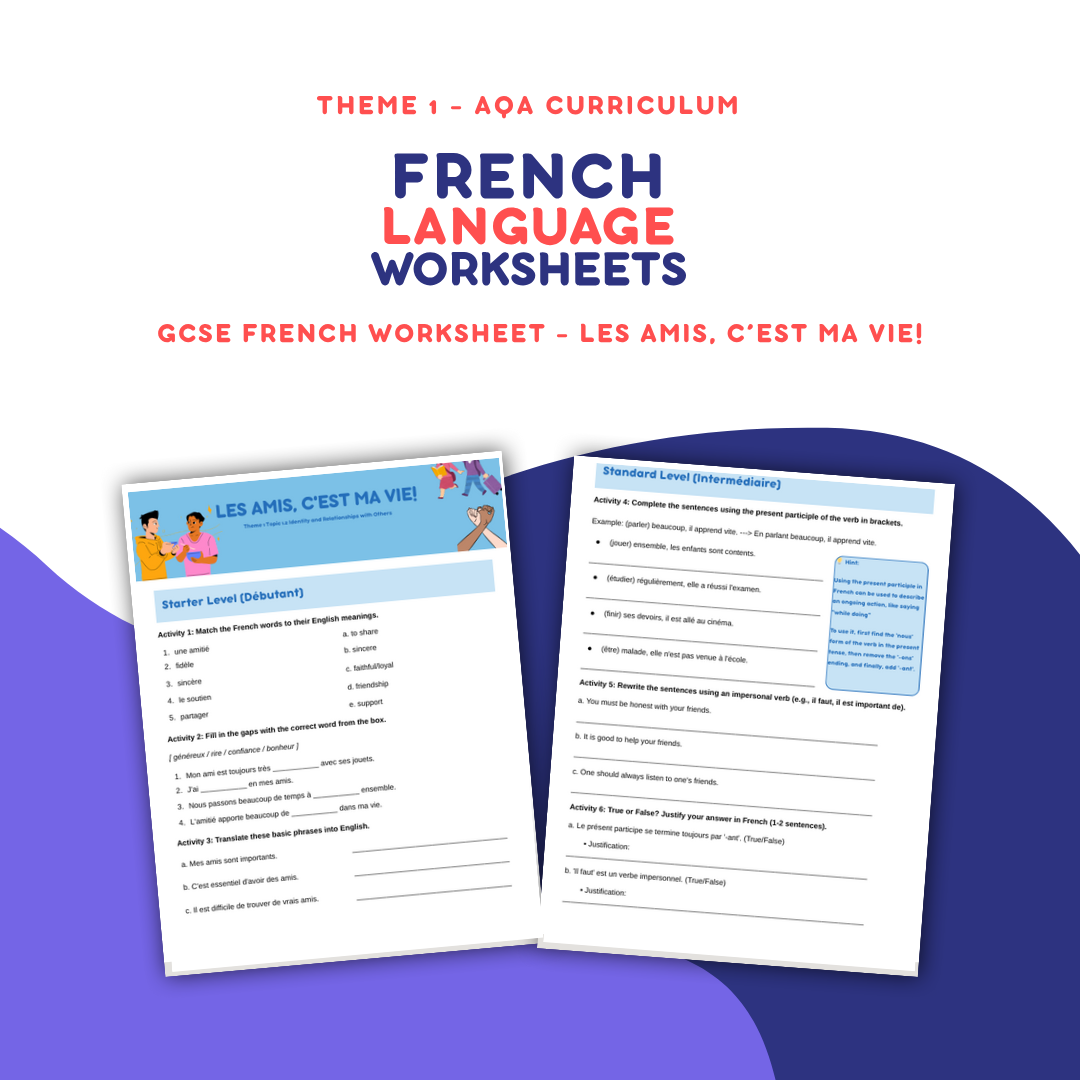 Les Amis, C'est Ma Vie - GCSE French Worksheet (AQA Theme 1) – French ...