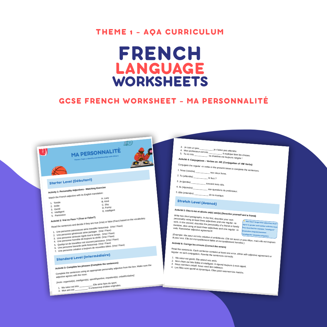 Ma Personnalité - GCSE French Worksheet (AQA Theme 1) – French Language ...