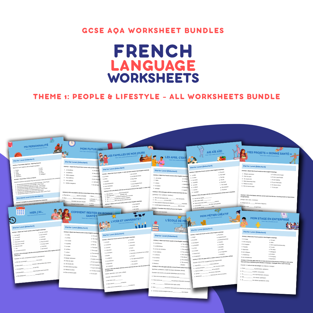 GCSE French AQA All Theme 1 Worksheets – 12 Pack + Answers – French ...