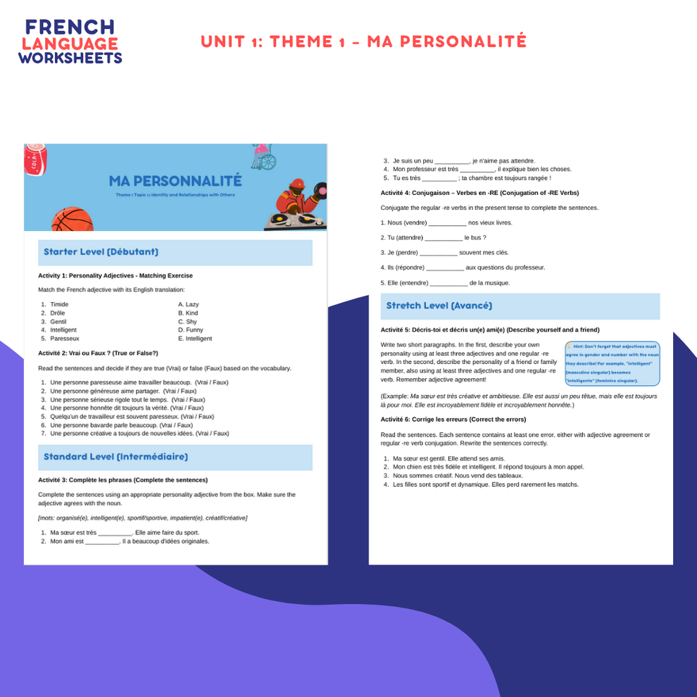 GCSE French AQA All Theme 1 Worksheets – 12 Pack + Answers – French ...