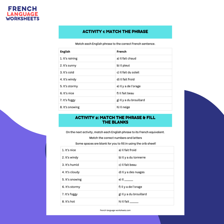 French Weather Worksheet - Beginner Printable PDF – French Language ...