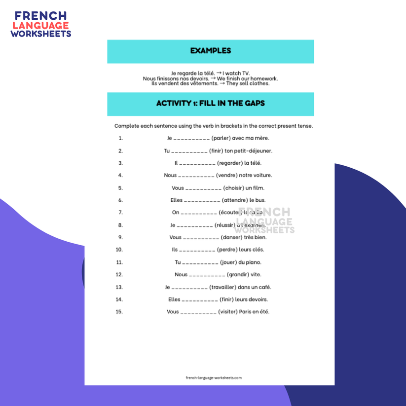 Beginner French Worksheets – Present Tense – French Language Worksheets