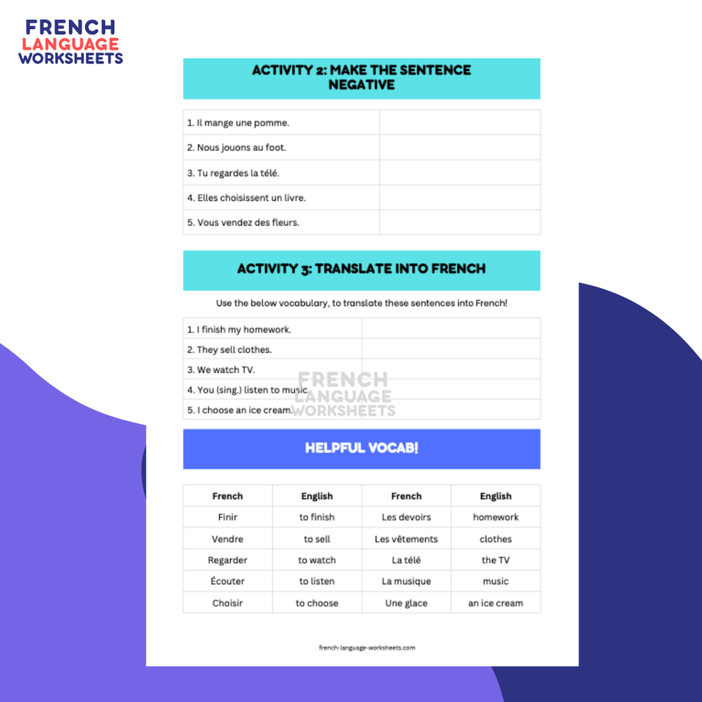 Beginner French Worksheets – Present Tense – French Language Worksheets