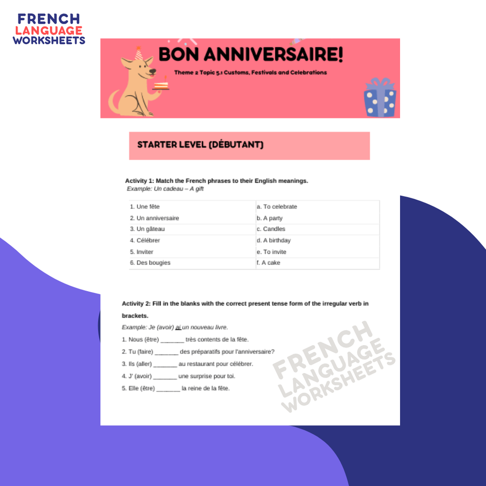 Bon Anniversaire! - GCSE French Worksheet (AQA Theme 2) – French ...
