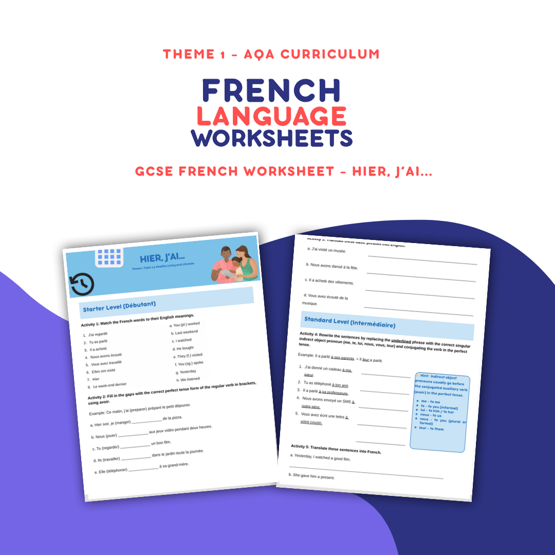Hier, J'ai... GCSE French Worksheet (AQA Theme 1, Unit 1) – French ...